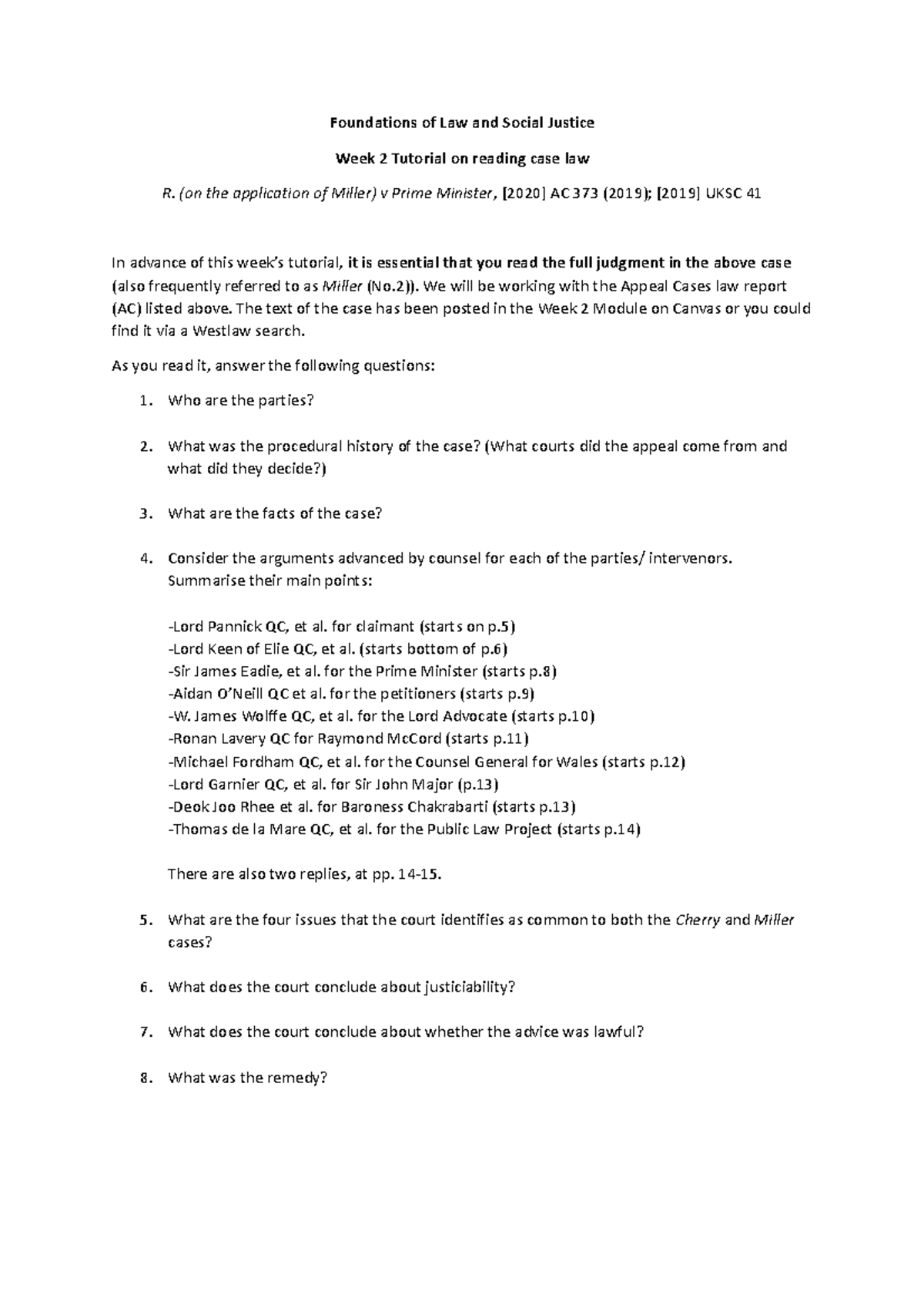 Week 2 Tutorial Worksheet - Foundations of Law and Social Justice Week 2 Tutorial on reading ...