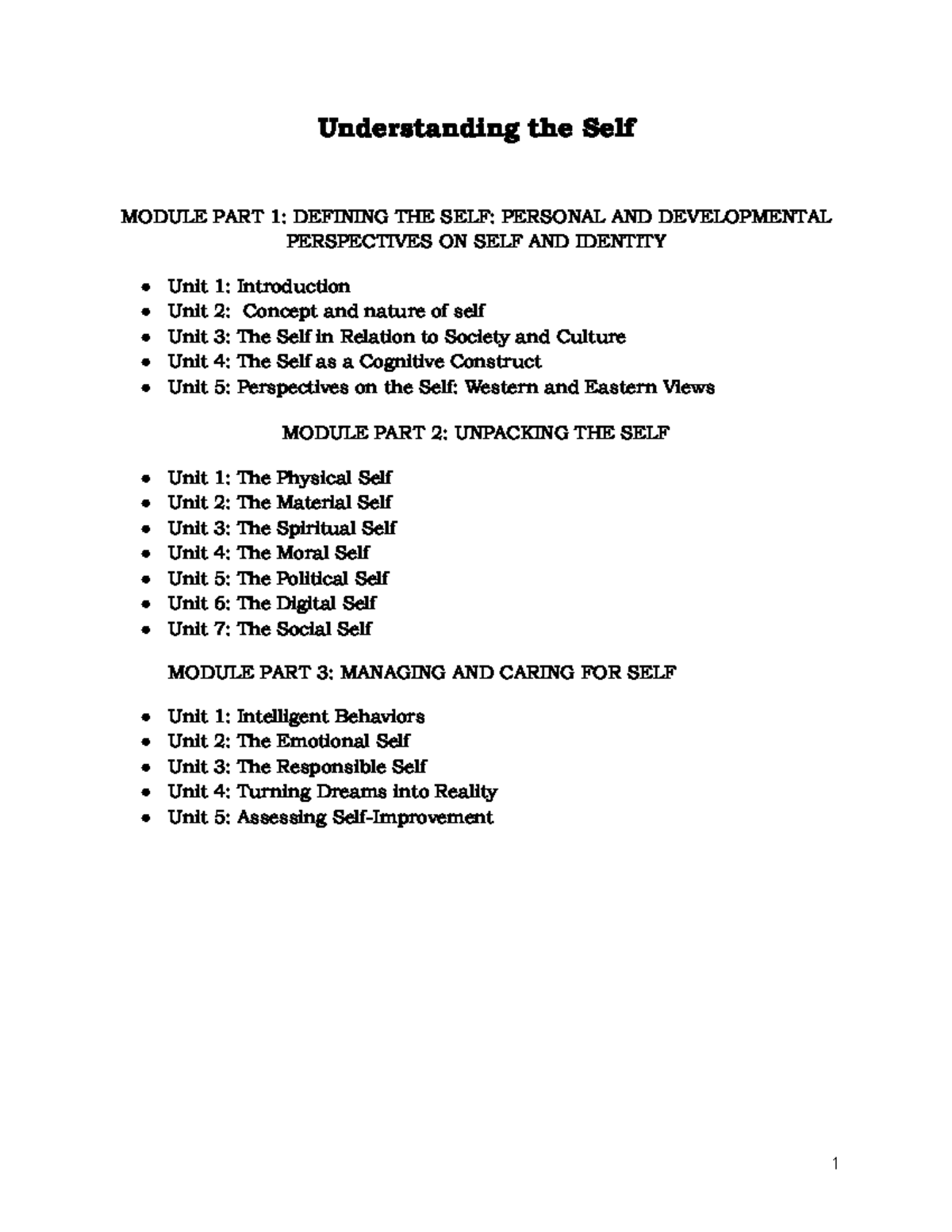 UTS - A summarize lessons of UTS - Understanding the Self MODULE PART 1: DEFINING THE SELF ...
