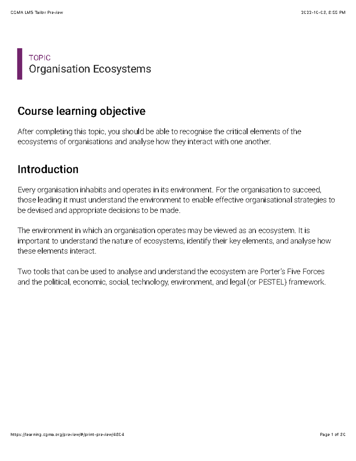 CGMA LMS - Organisation Ecosystems - TOPIC Organisation Ecosystems Course learning objective ...