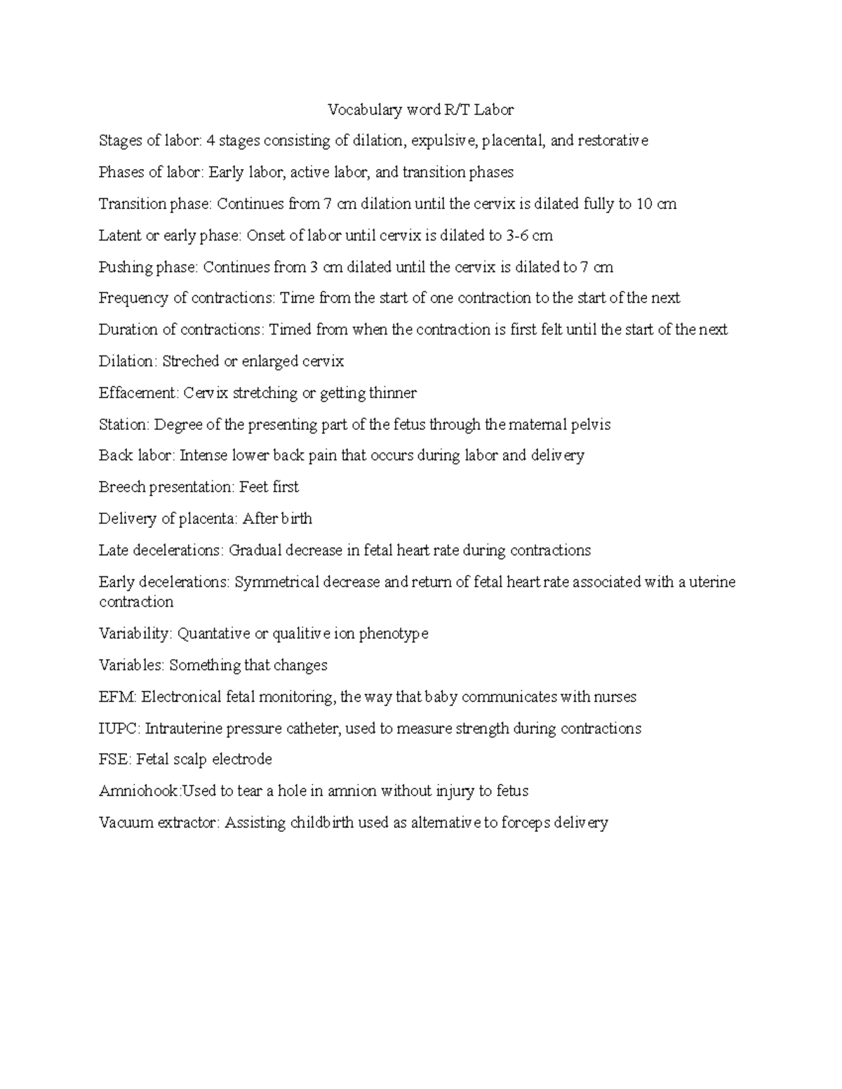 Labor vocabulary - Vocabulary word R/T Labor Stages of labor: 4 stages ...