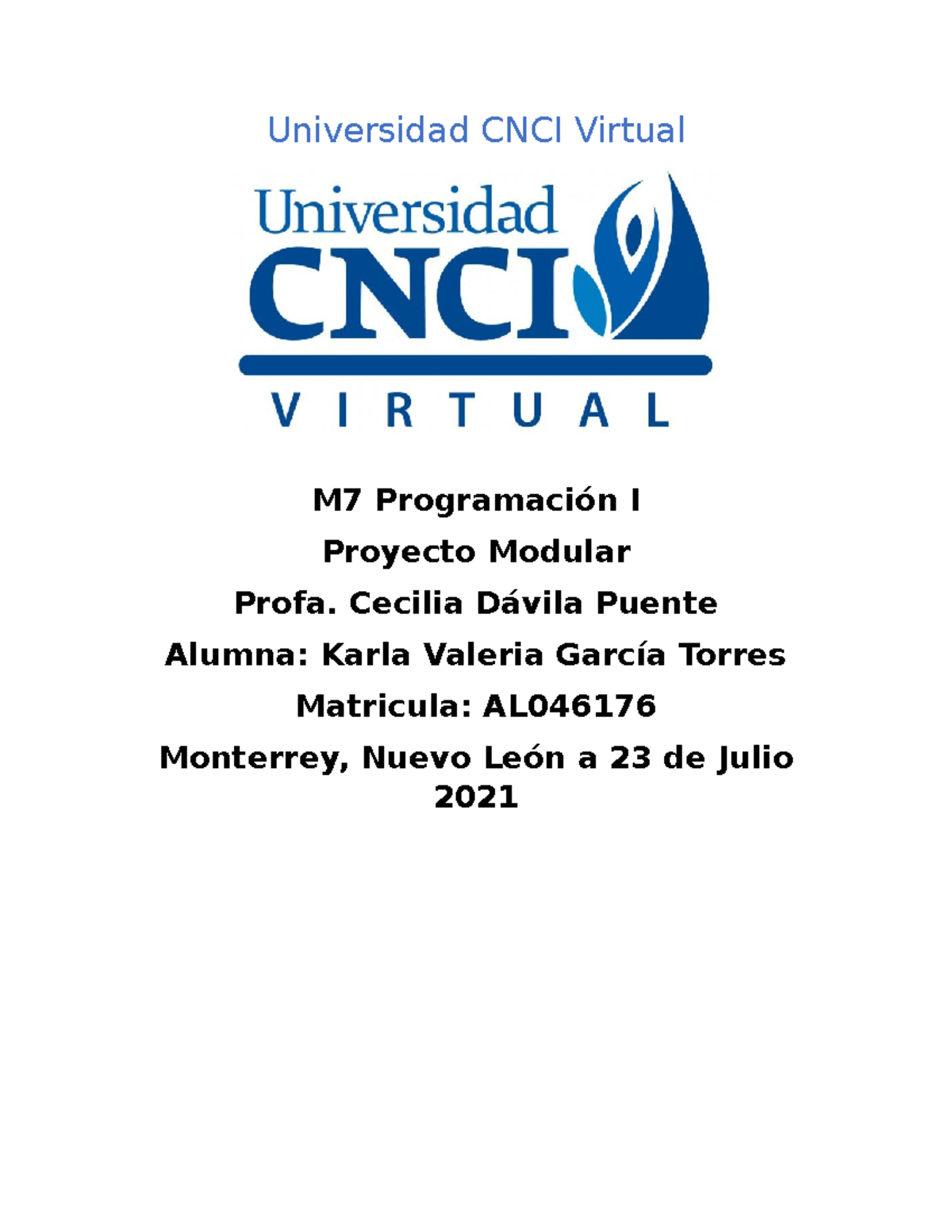 Proyecto modular programacion 1 - Universidad CNCI Virtual M7 Programación I Proyecto Modular ...