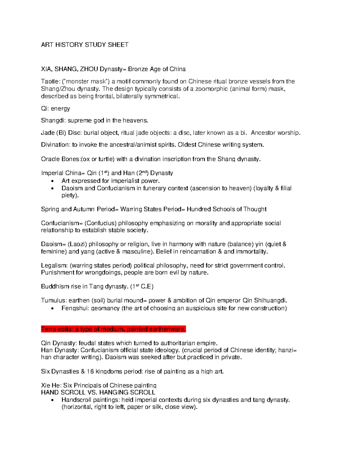 Art history study sheet - ART HISTORY STUDY SHEET XIA, SHANG, ZHOU ...