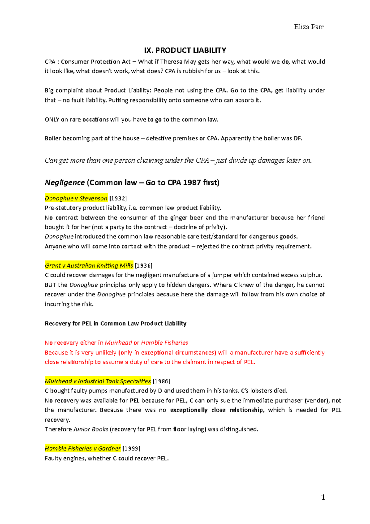 Product Liability Notes - IX. PRODUCT LIABILITY CPA : Consumer ...