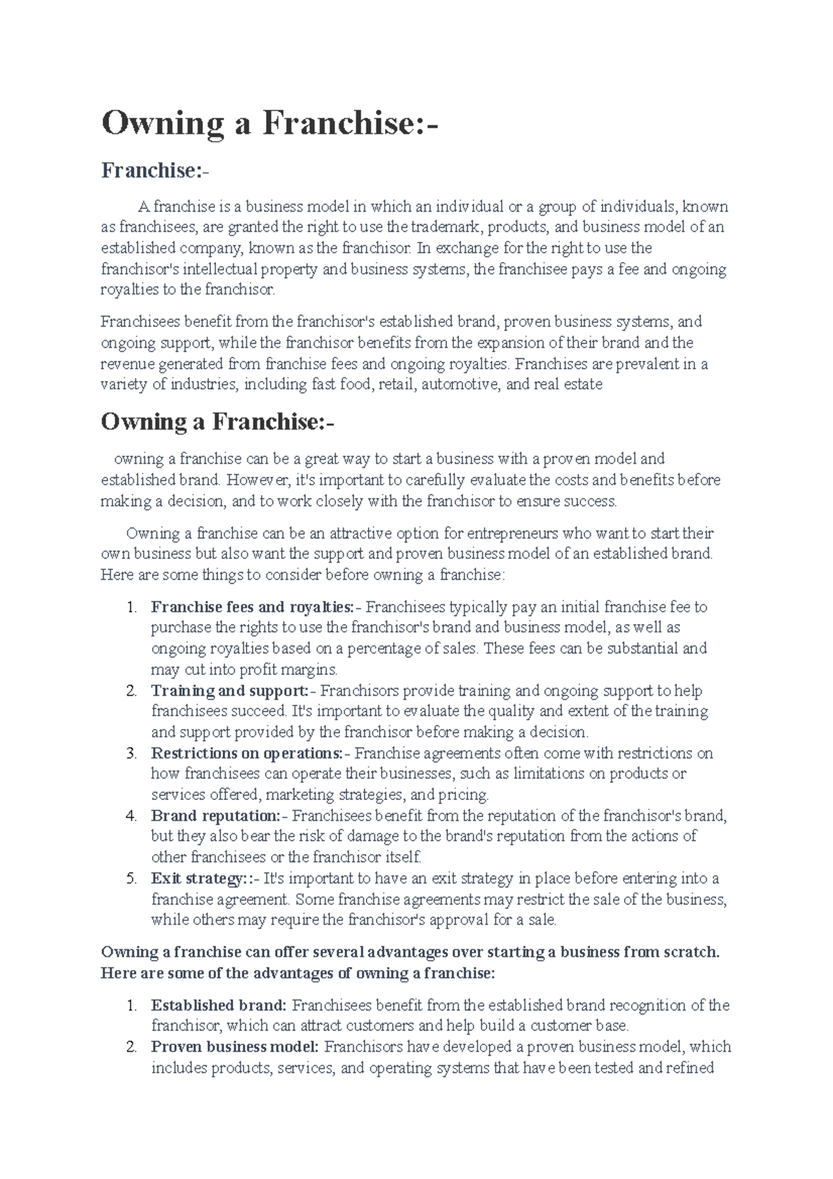 owning Franchise - Owning a Franchise:- Franchise:- A franchise is a ...