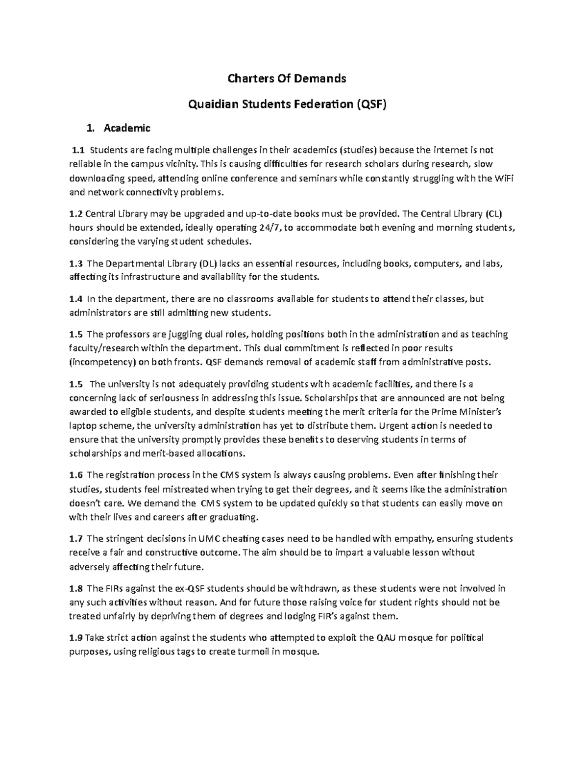 QSF Demands - Helpful Documents - Charters Of Demands Quaidian Students ...