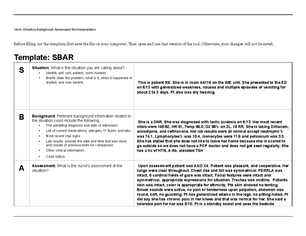 SBAR MED SURG - SBAR report - SBAR: Situation-Background-Assessment ...