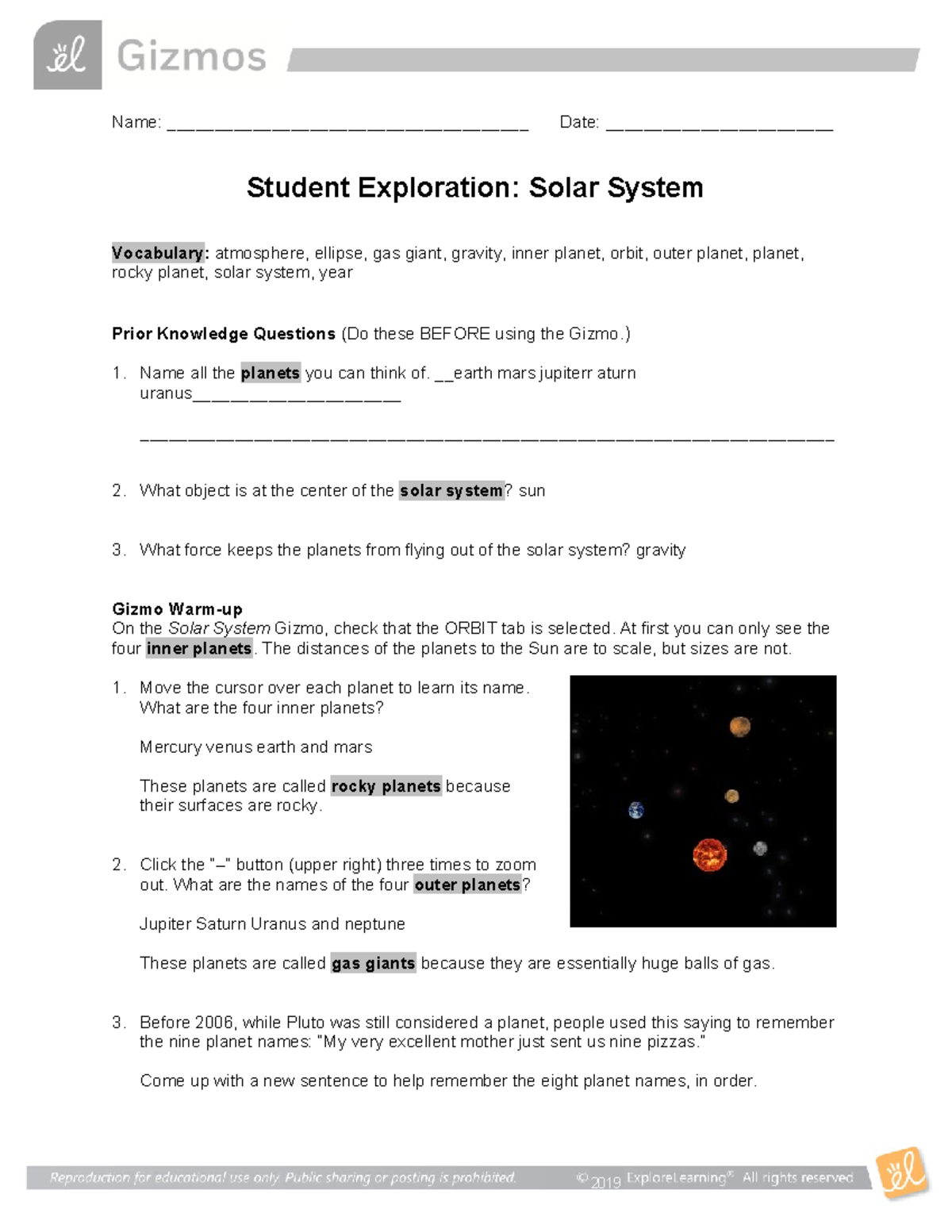 Solar System SE+ - Gizmos for class assignment. - Name