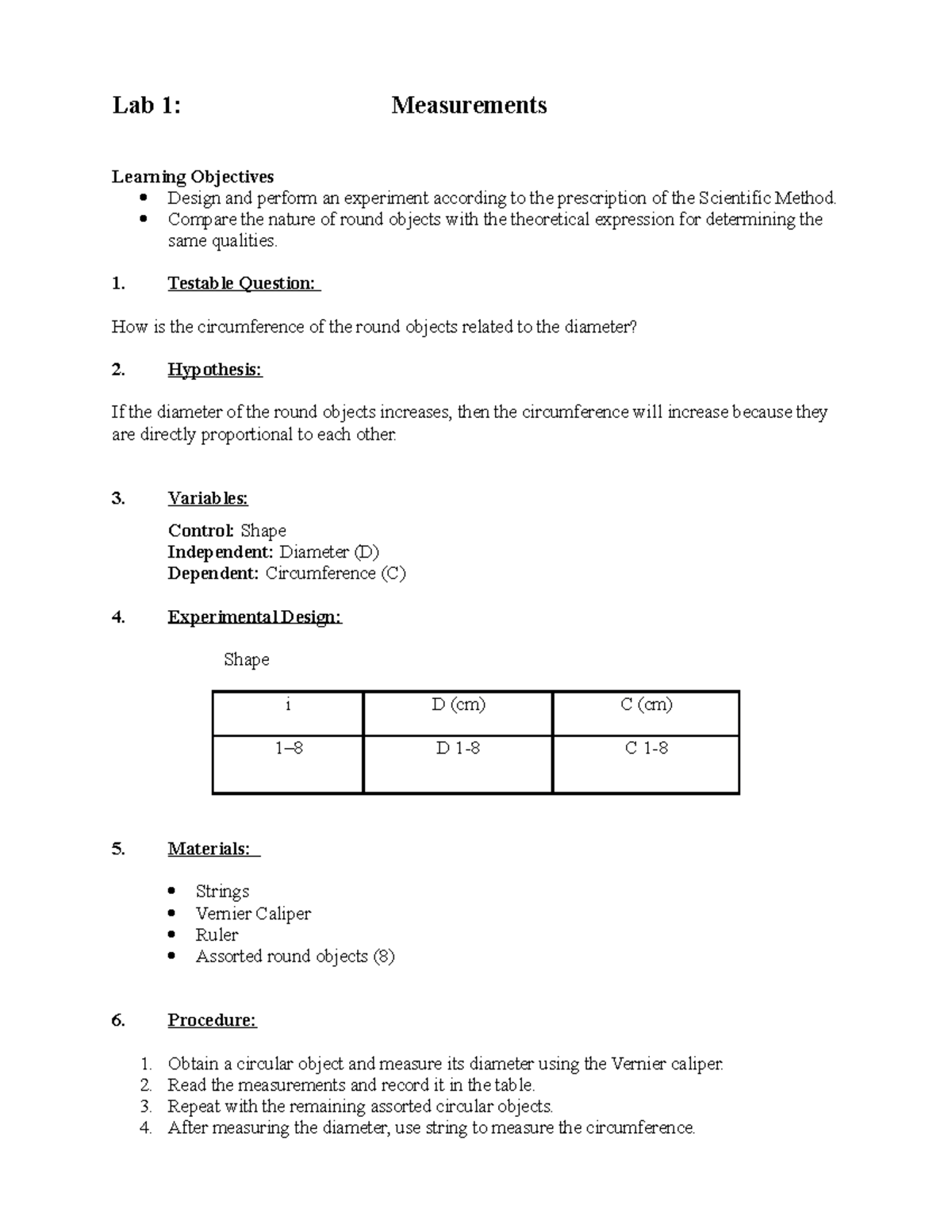 PHY111L Lab 1 - Summer Sec - Lab 1: Measurements Learning Objectives Design and perform an - Studocu