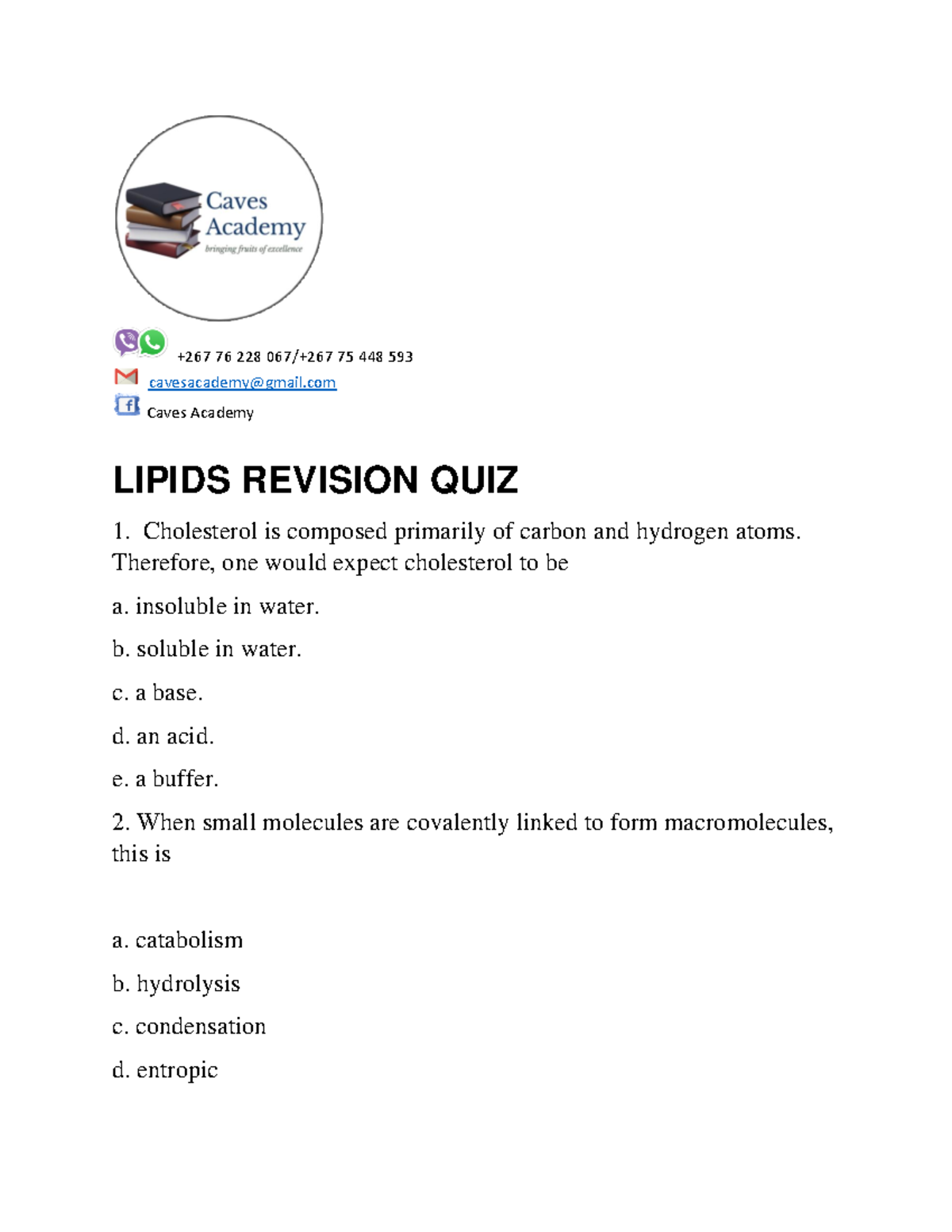 Lipids QUIZ - Cell biology - +267 76 228 067/+267 75 448 593 ...