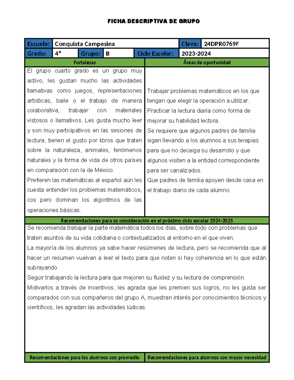 Ficha Descriptiva DE Grupo Y Alumno (4º B - FICHA DESCRIPTIVA DE GRUPO Escuela: Conquista ...