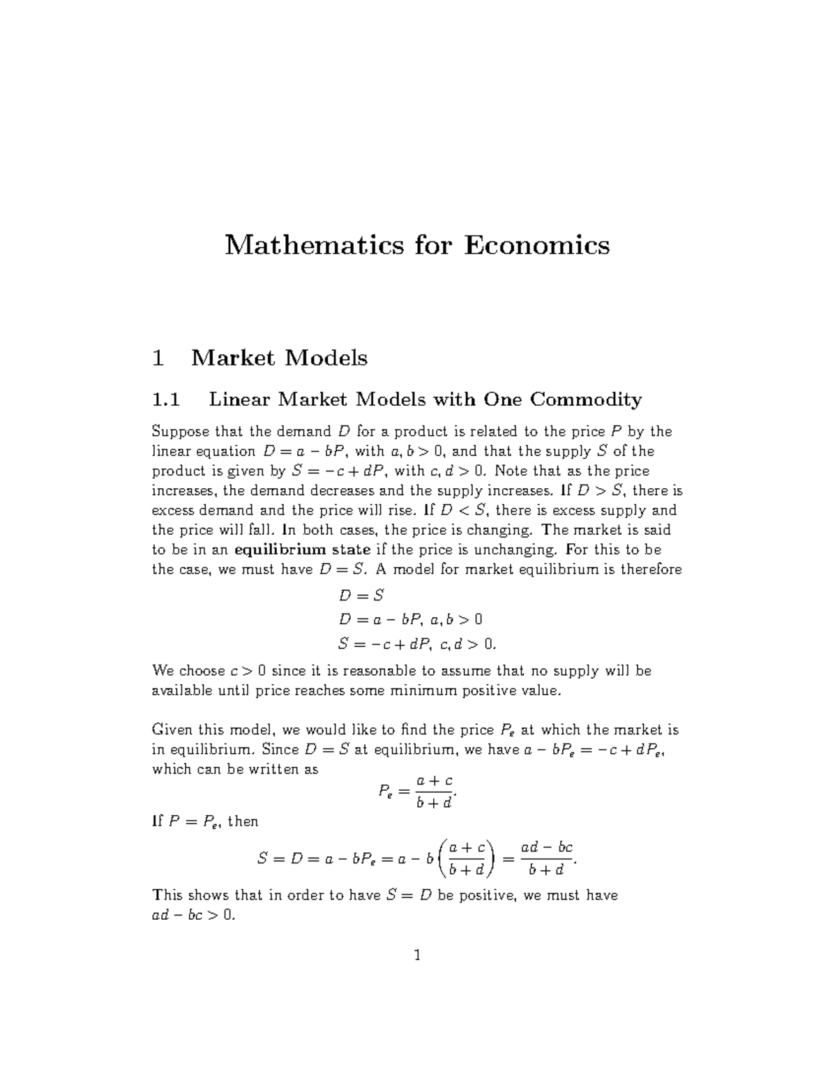 Mathematics for Economics Book - Mathematics for Economics 1 Market ...