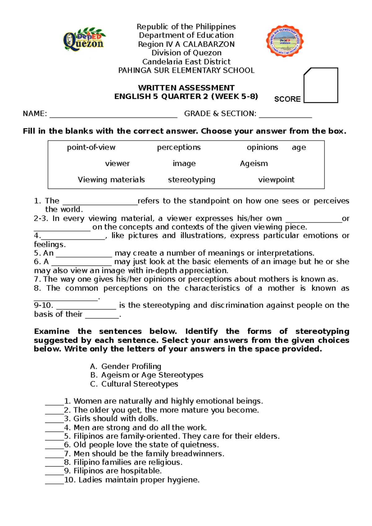 Assessment q2 Science - Republic of the Philippines Department of ...