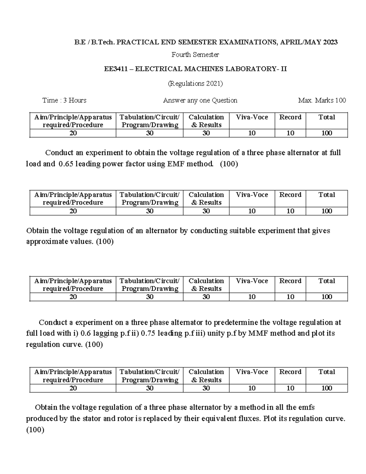 Em 2 lab qp - Question Bank - B / B. PRACTICAL END SEMESTER EXAMINATIONS, APRIL/MAY 2023 Fourth ...