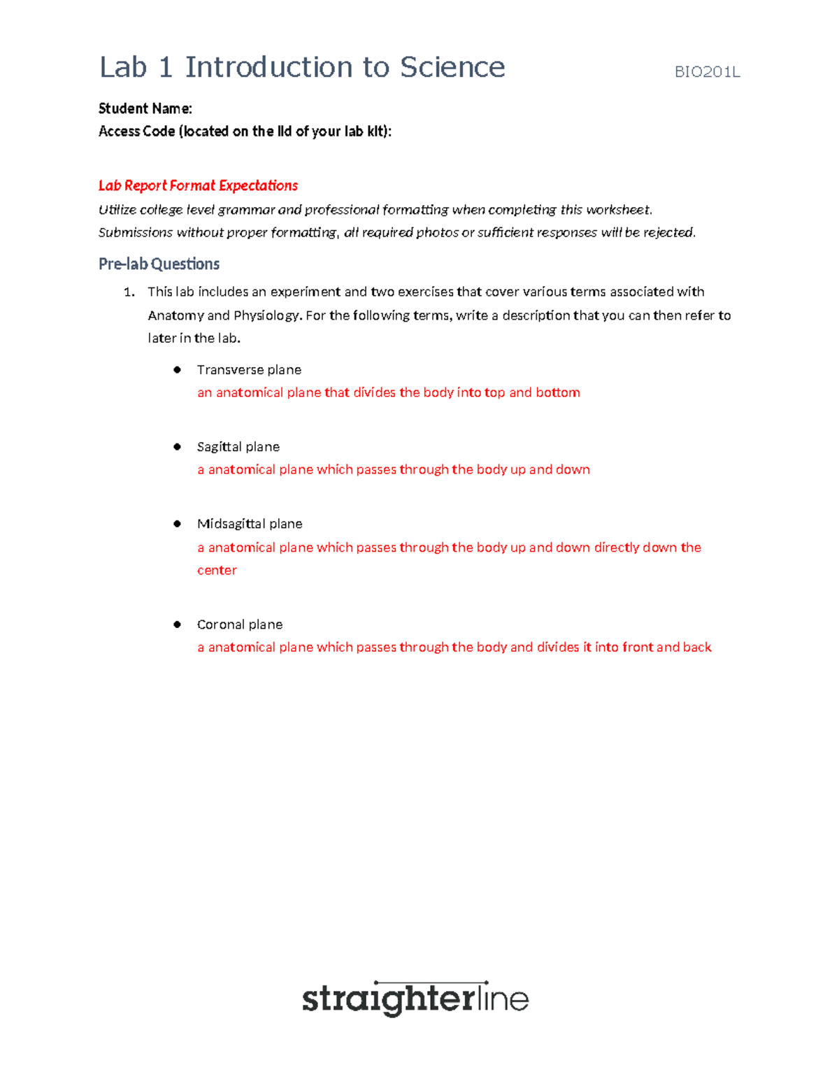 BIO201 Lab 1 - Student Name: Access Code (located on the lid of your ...