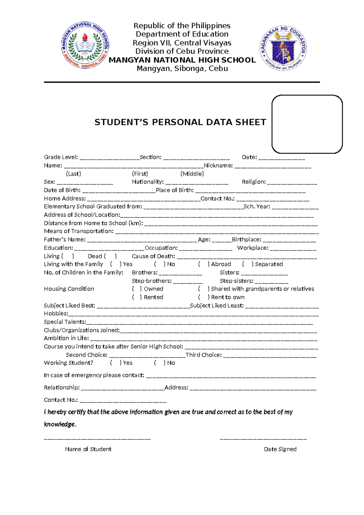 Students- Profile-sheet - Republic of the Philippines Department of ...