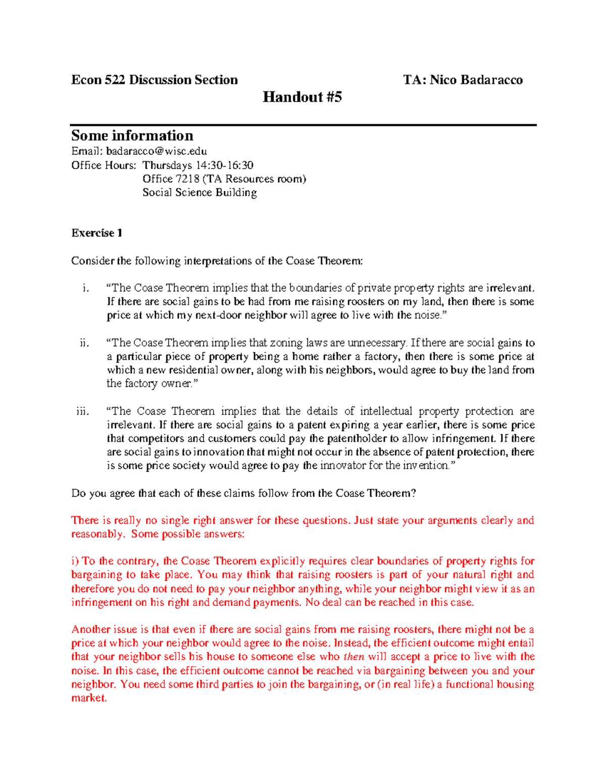 Handout-5-sol - Econ 522 Discussion Section TA: Nico Badaracco Handout ...