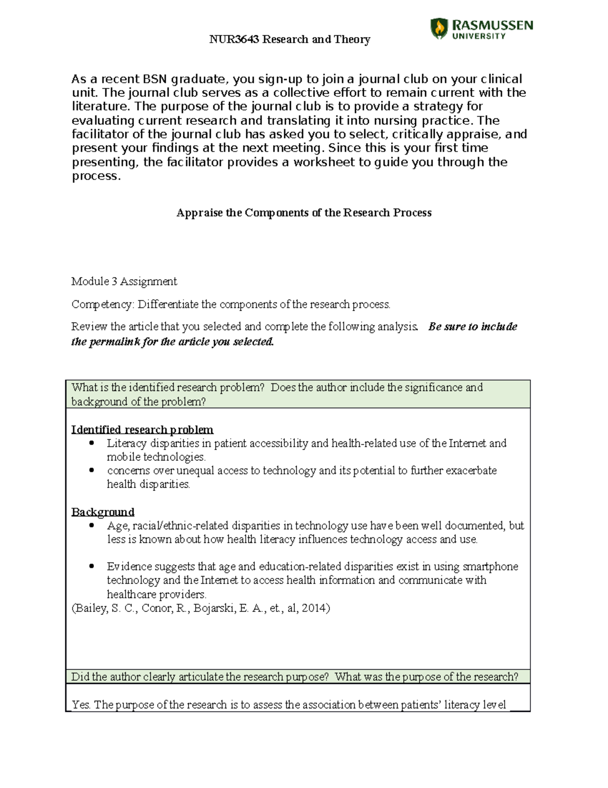 Module 3 Assignment Worksheet - NUR3643 Research and Theory As a recent ...