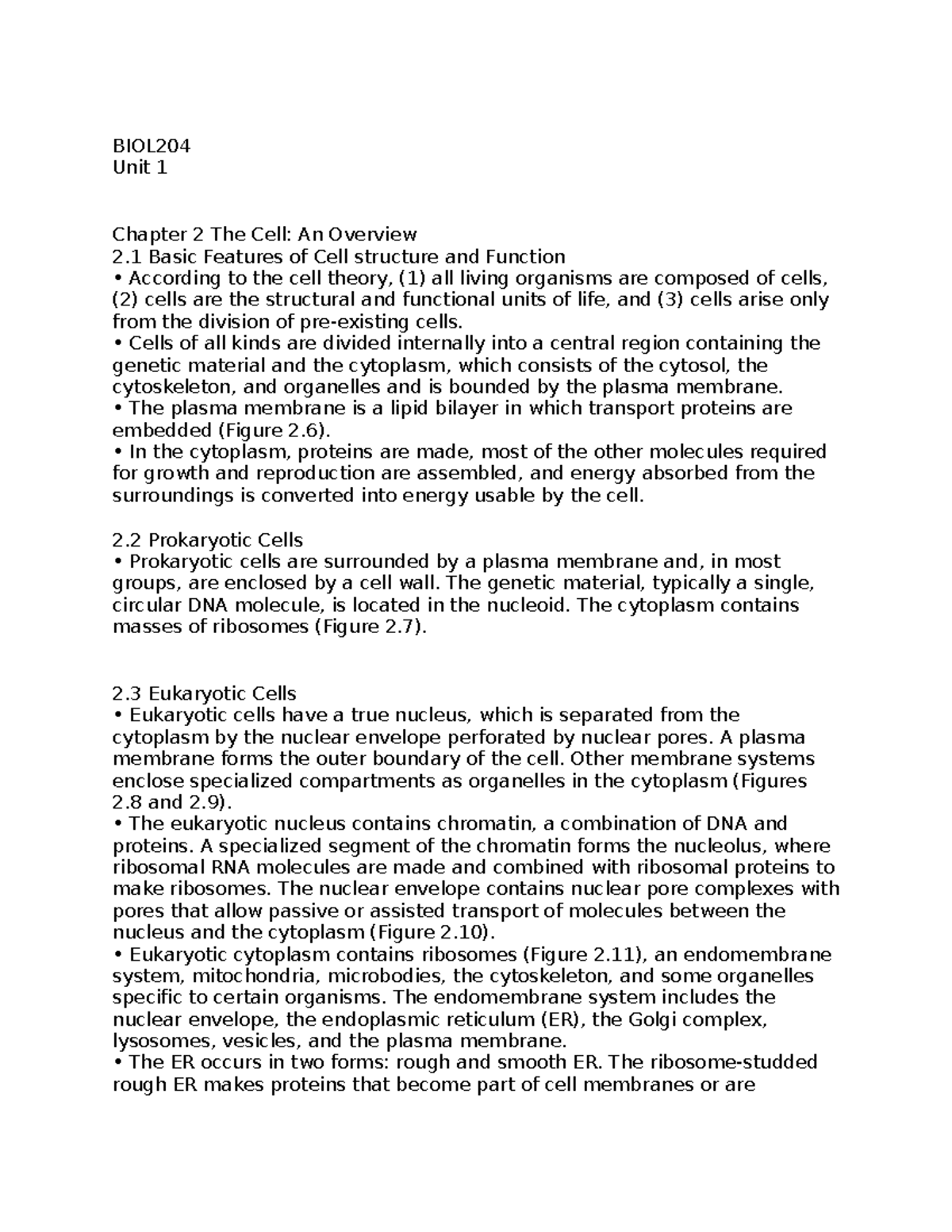 BIOL204 - Unit 1 Summary - BIOL Unit 1 Chapter 2 The Cell: An Overview ...