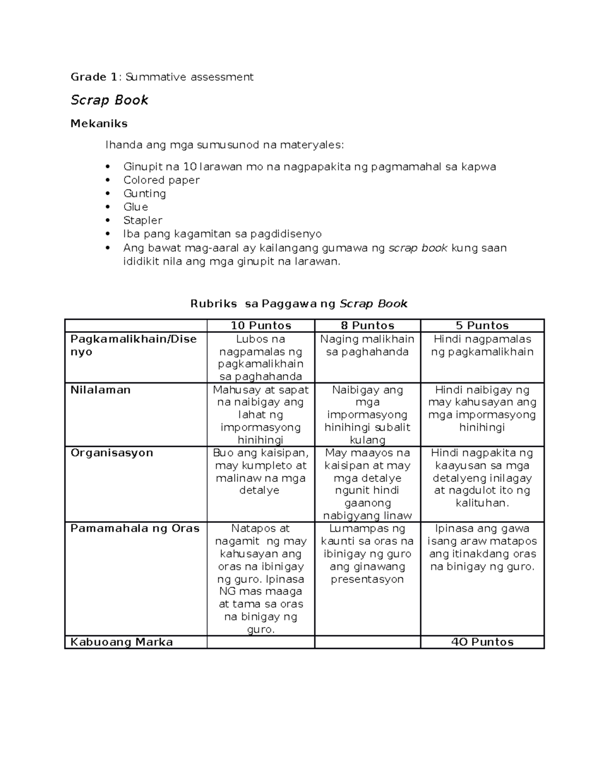 Summative Assessment Grade 1 Y2 - Grade 1: Summative assessment Scrap ...