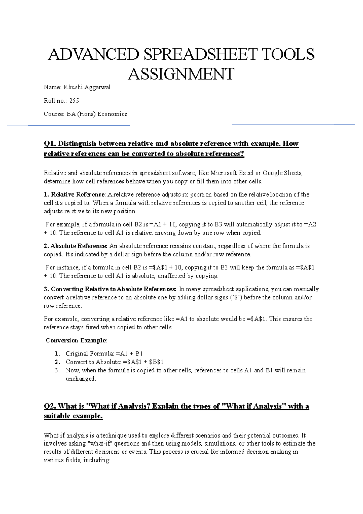 Advanced Spreadsheet Tools Assignment - ADVANCED SPREADSHEET TOOLS ASSIGNMENT Name: Khushi ...
