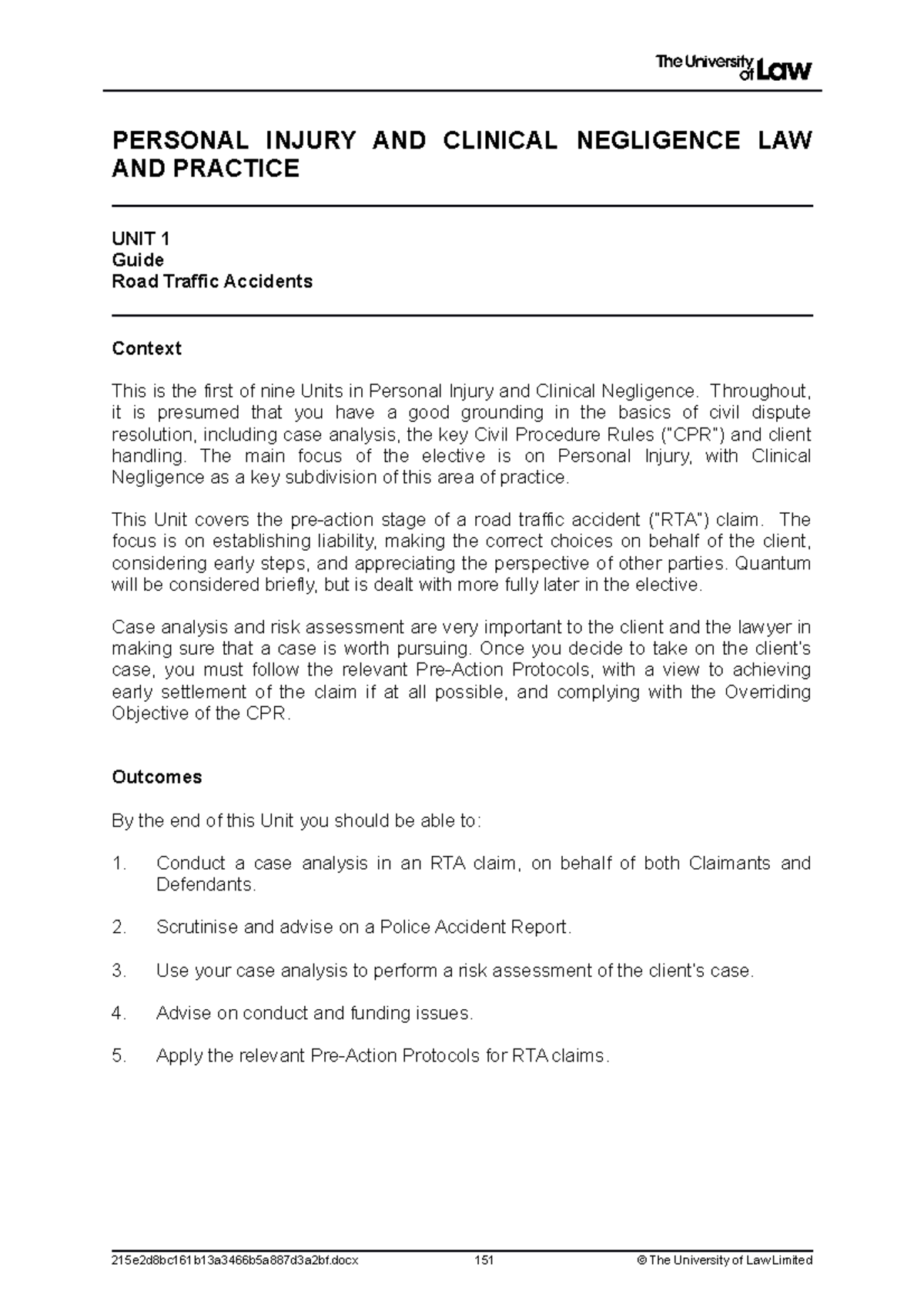 RTA week 1 session - PERSONAL INJURY AND CLINICAL NEGLIGENCE LAW AND ...
