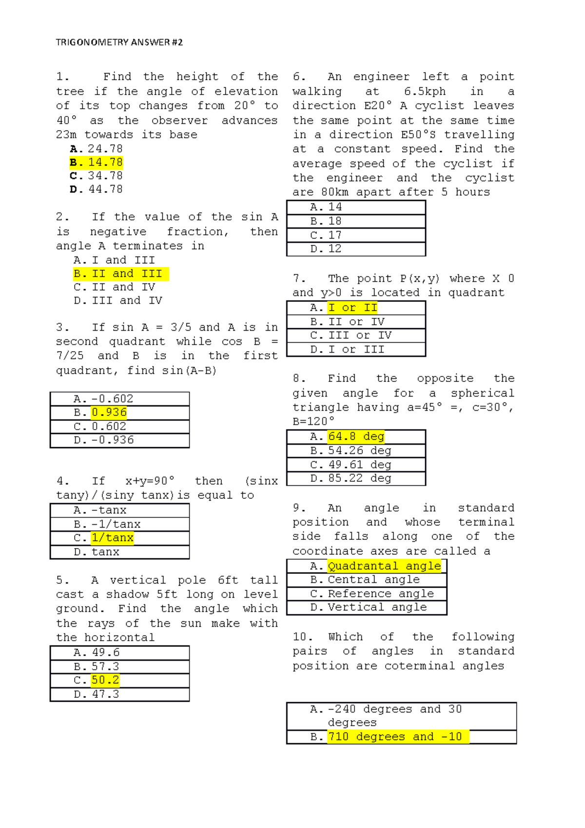 trigonometry sample quiz - TRIGONOMETRY ANSWER # Find the height of the ...