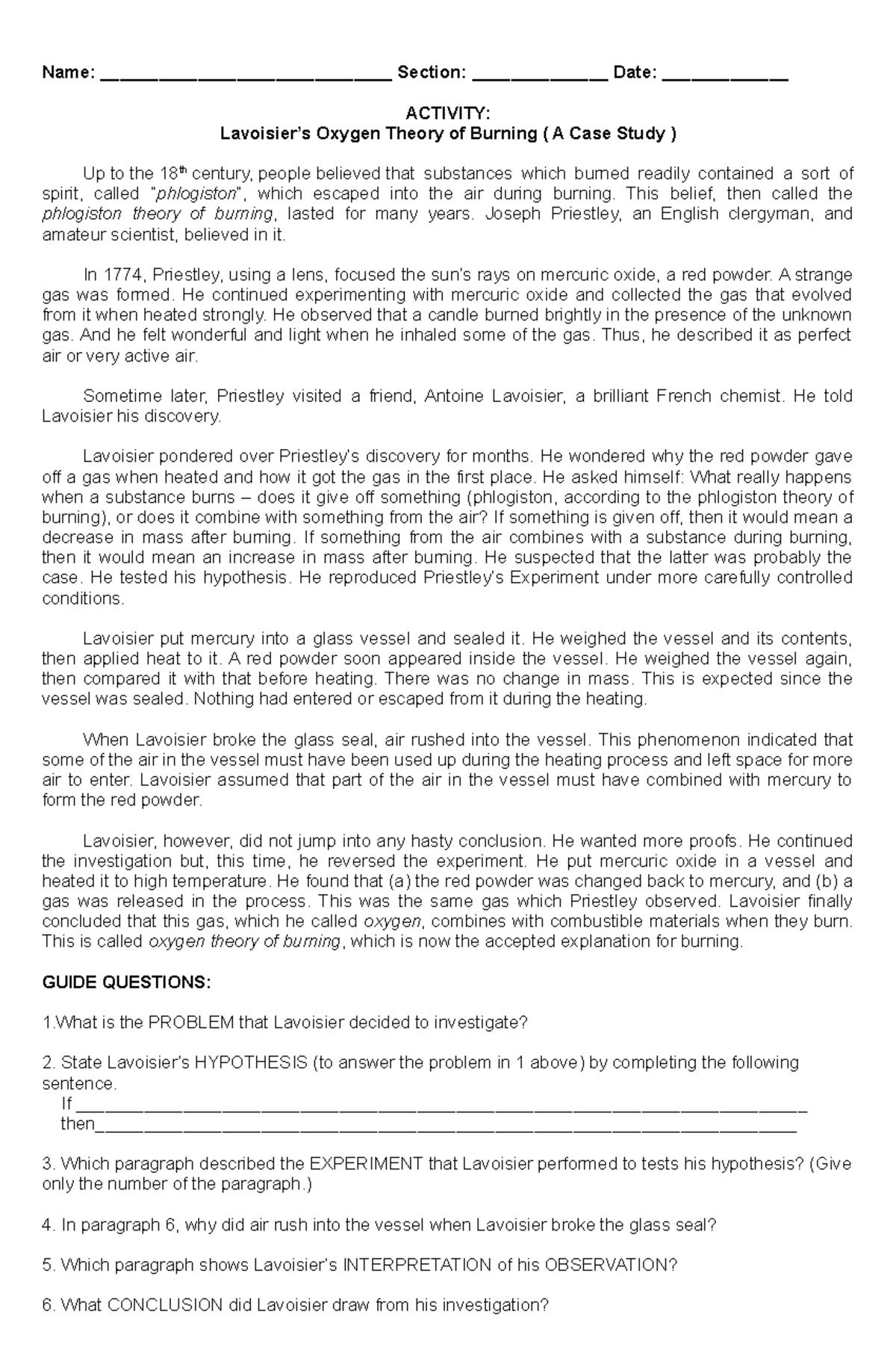 Activity Lavoisier Scientific Method - Name ...