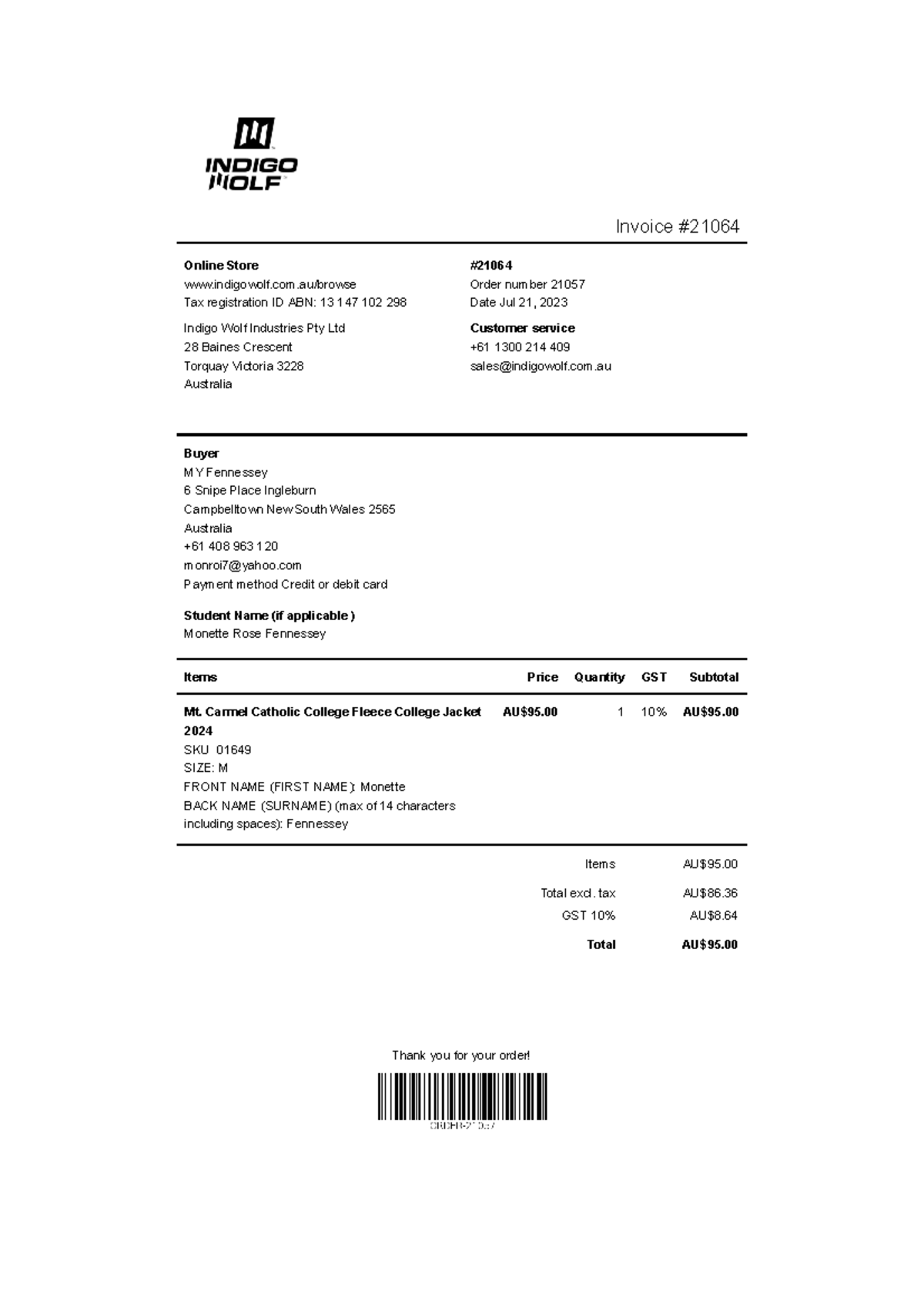 Tax invoice #21064 for order #21057 - Invoice Online Store indigowolf ...