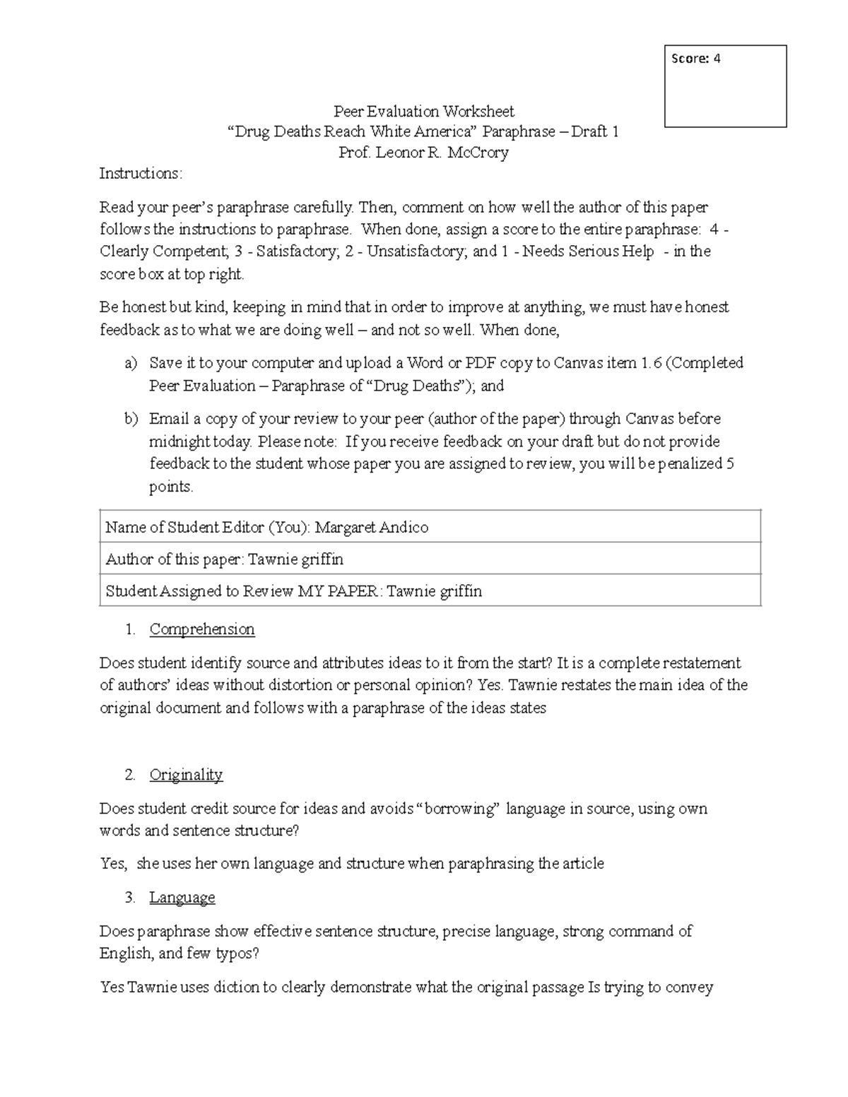 Peer Review Worksheet - Drug Deaths Paraphrase - D1 - Peer Evaluation ...