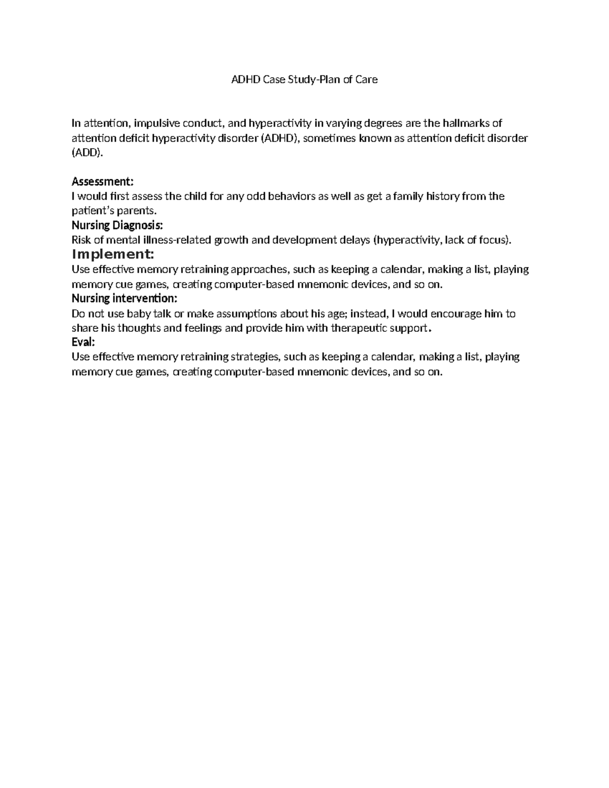 ADHD Care plan - Practice - ADHD Case Study-Plan of Care In attention ...