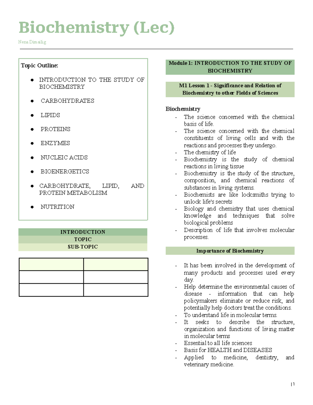 Biolec - Biochemistry (Lec) Nena Dimailig Topic Outline: INTRODUCTION ...