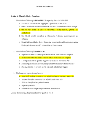 Tutorial 1 ECON102 copy - Tutorial 1 2023 1. Keynesians argue that low levels of spending: a ...