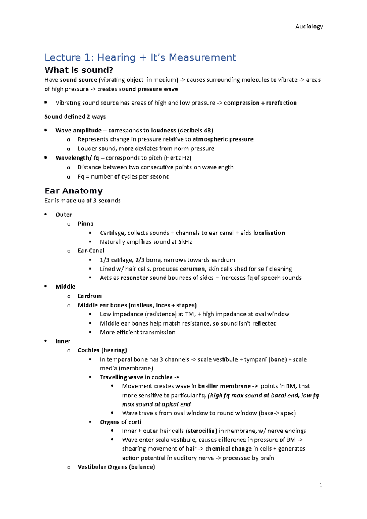 Audiology revision - Lecture notes 1-9 - Lecture 1: Hearing + It’s ...