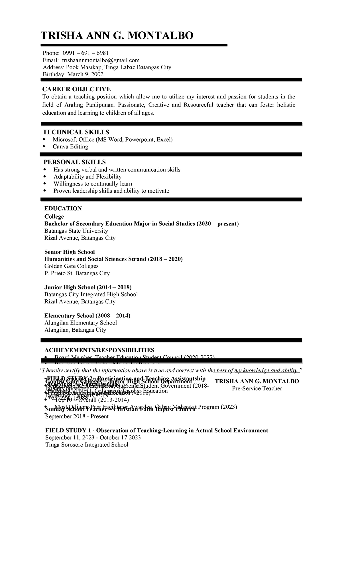 Trisha- Resume - TRISHA ANN G. MONTALBO PRE-PROFESSIONAL EXPERIENCE ...