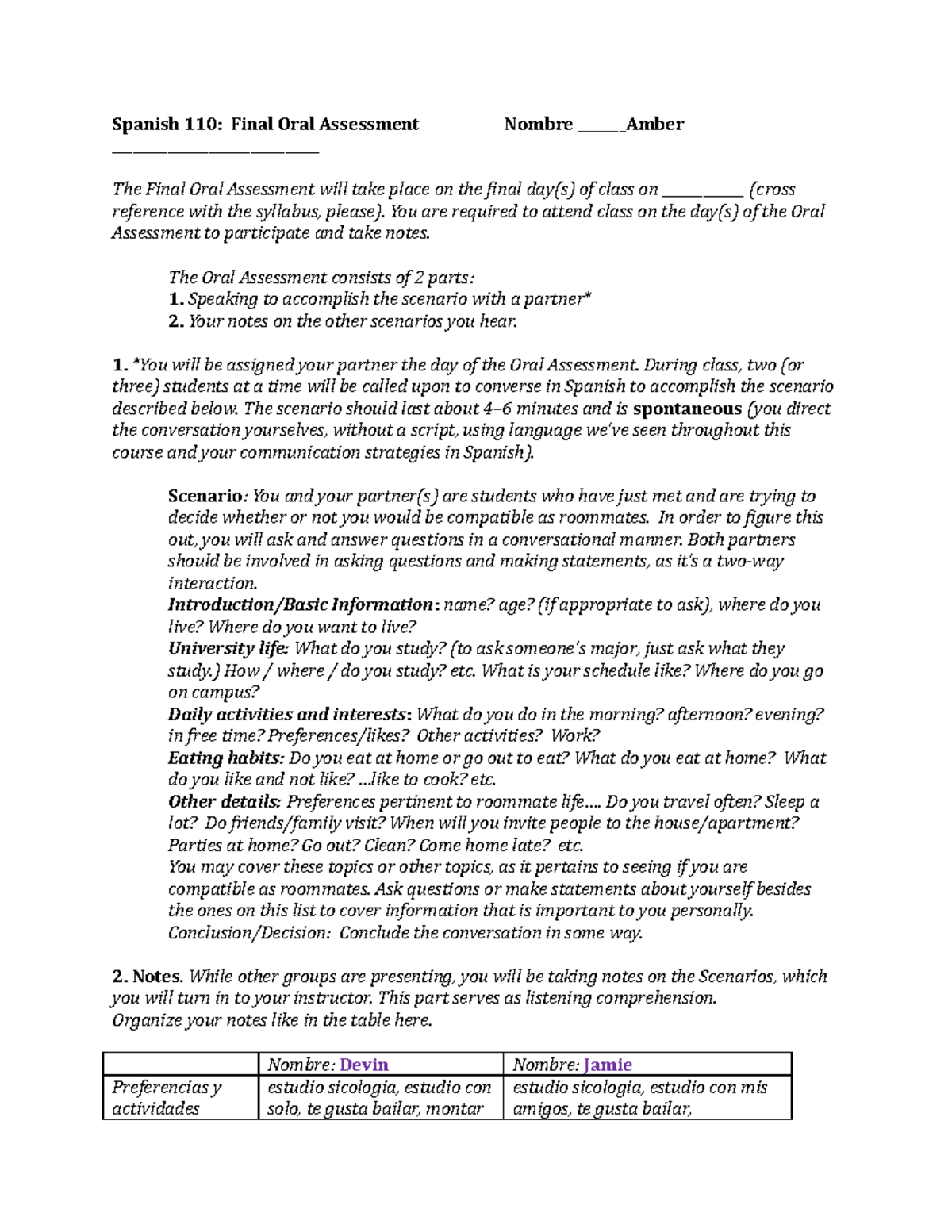 Final Oral - Spanish Practice - Spanish 110: Final Oral Assessment ...