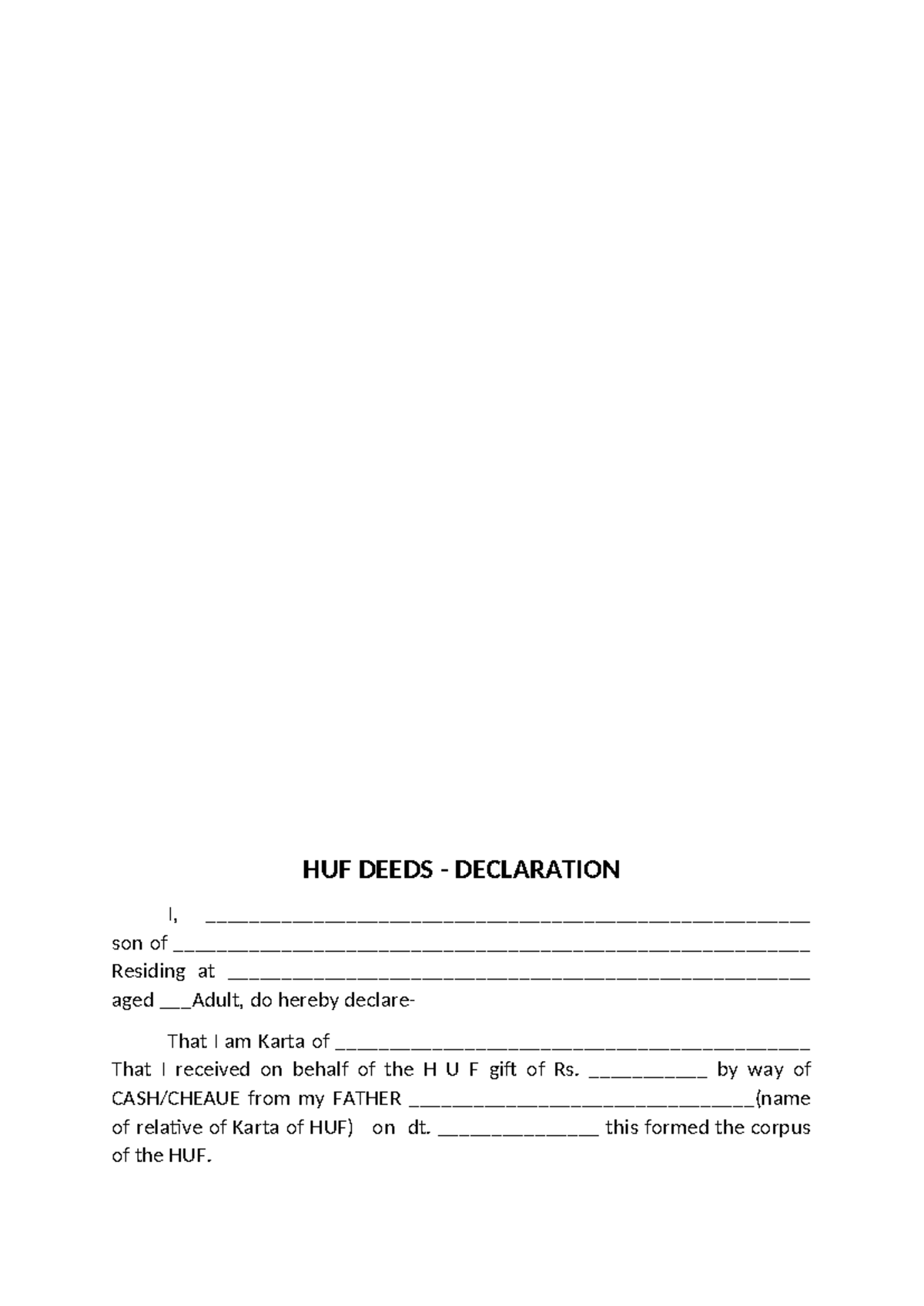 HUF DEED & Giift Declaration Format - Copy - HUF DEEDS - DECLARATION I ...