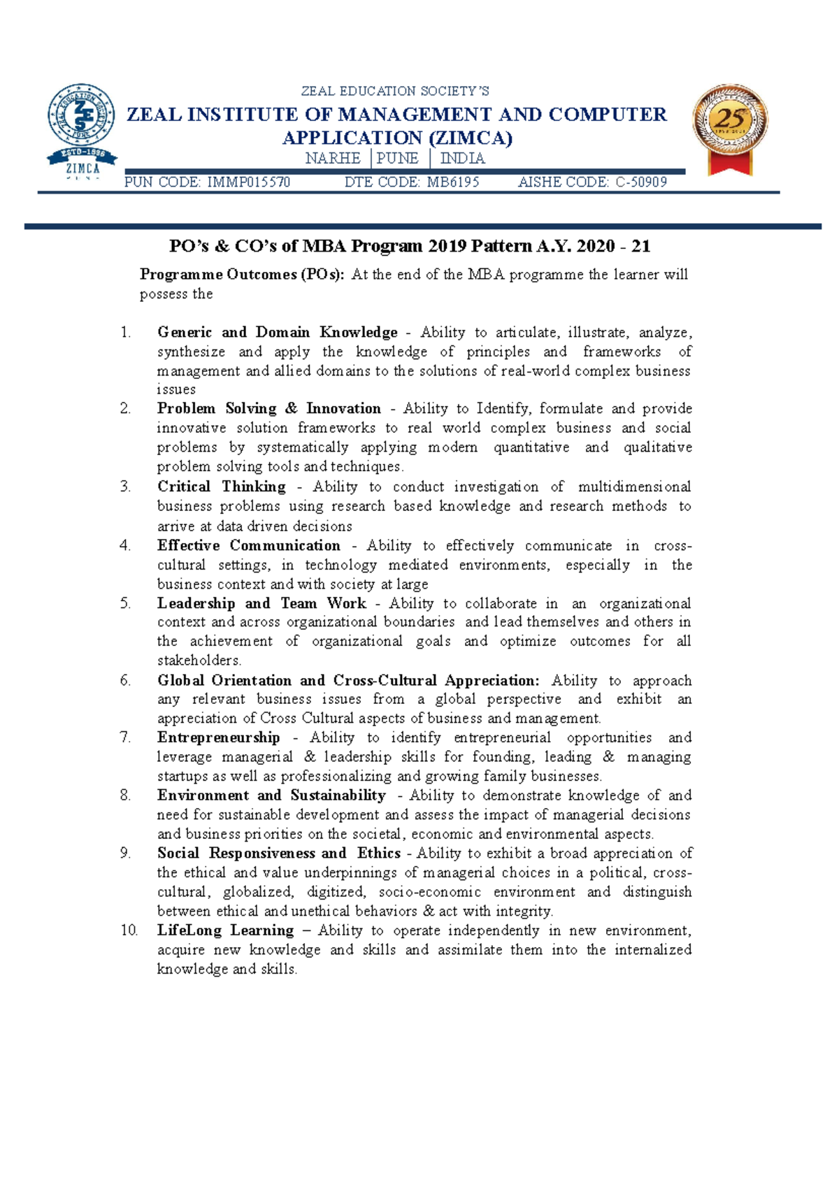 Zimca MBA Subjects with Pos Cos 2019 Pattern - ZEAL EDUCATION SOCIETY’S ...