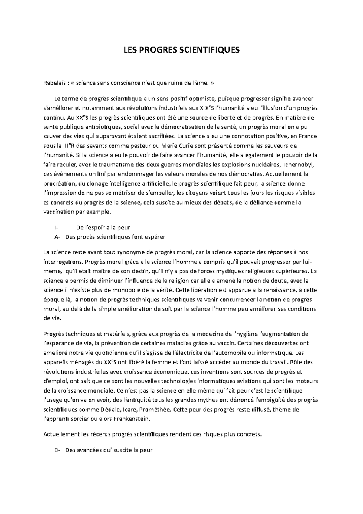 Cours 9 LES Progres Scientifiques - LES PROGRES SCIENTIFIQUES - Studocu