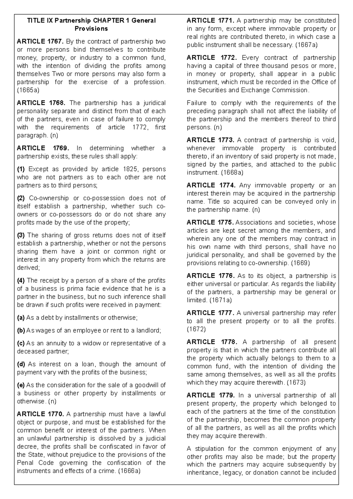 Partnership Civil Code - TITLE IX Partnership CHAPTER 1 General ...