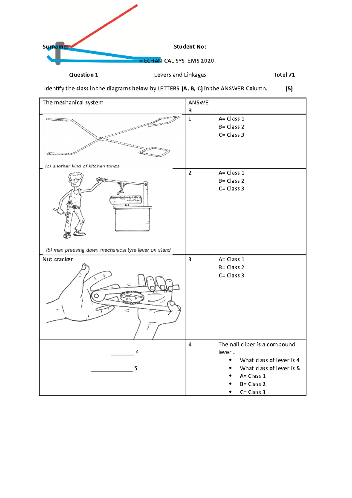 Final Tech1 Test Mech and Elec 2020 - Surname: Student No: MECHANICAL ...