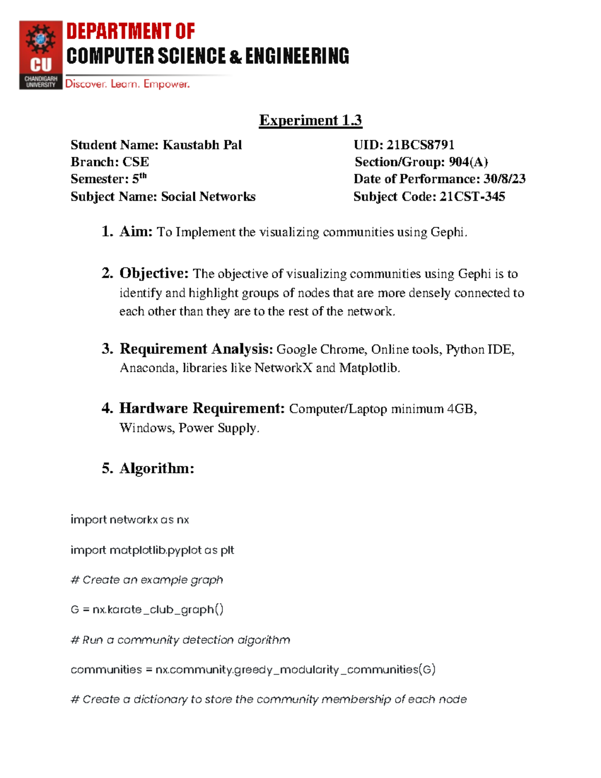 SN exp3 - Exp 3 - DEPARTMENT OF COMPUTER SCIENCE & ENGINEERING Experiment 1. Student Name: - Studocu