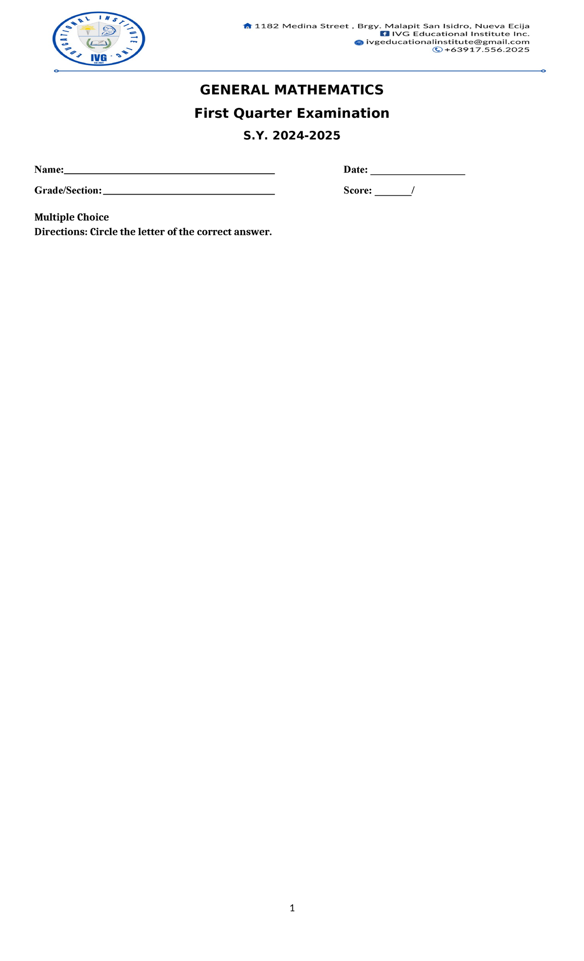 General Mathematics exam - Science, Technology, Engineering ...