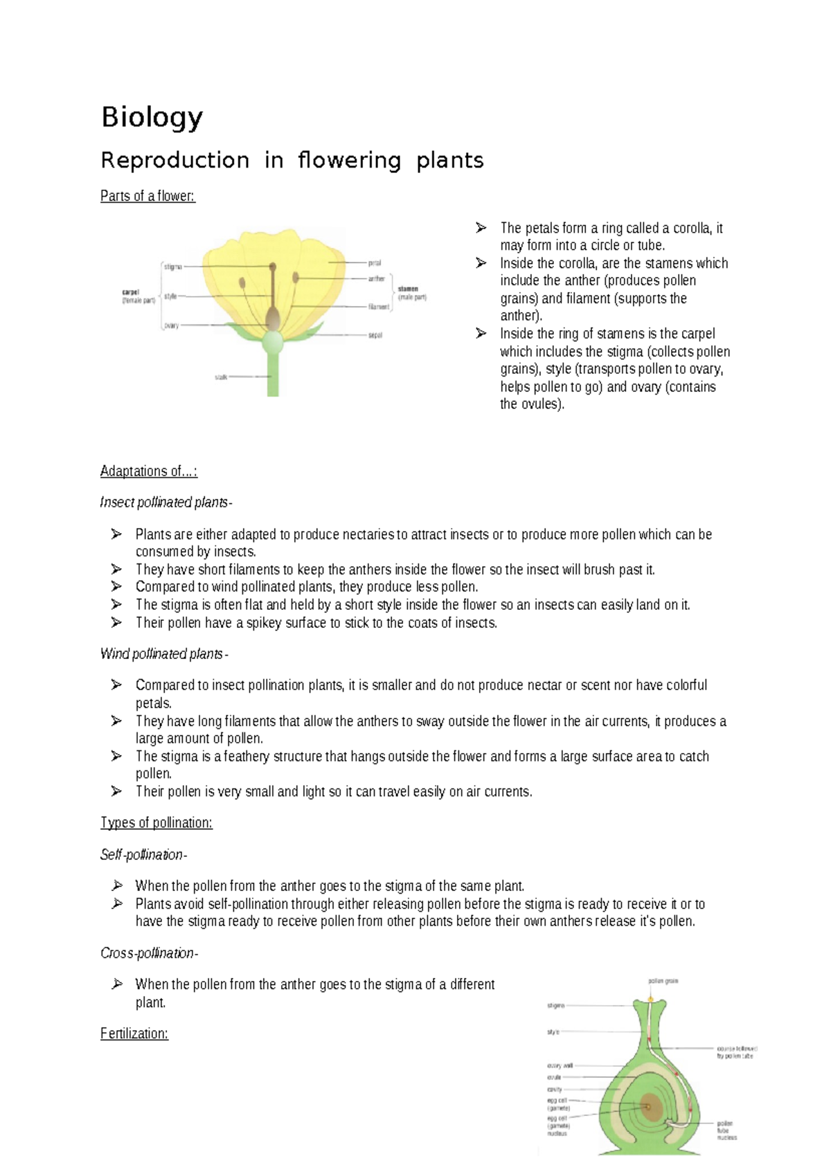 Biology (Final) - Checkpoint notes - Biology Reproduction in flowering ...