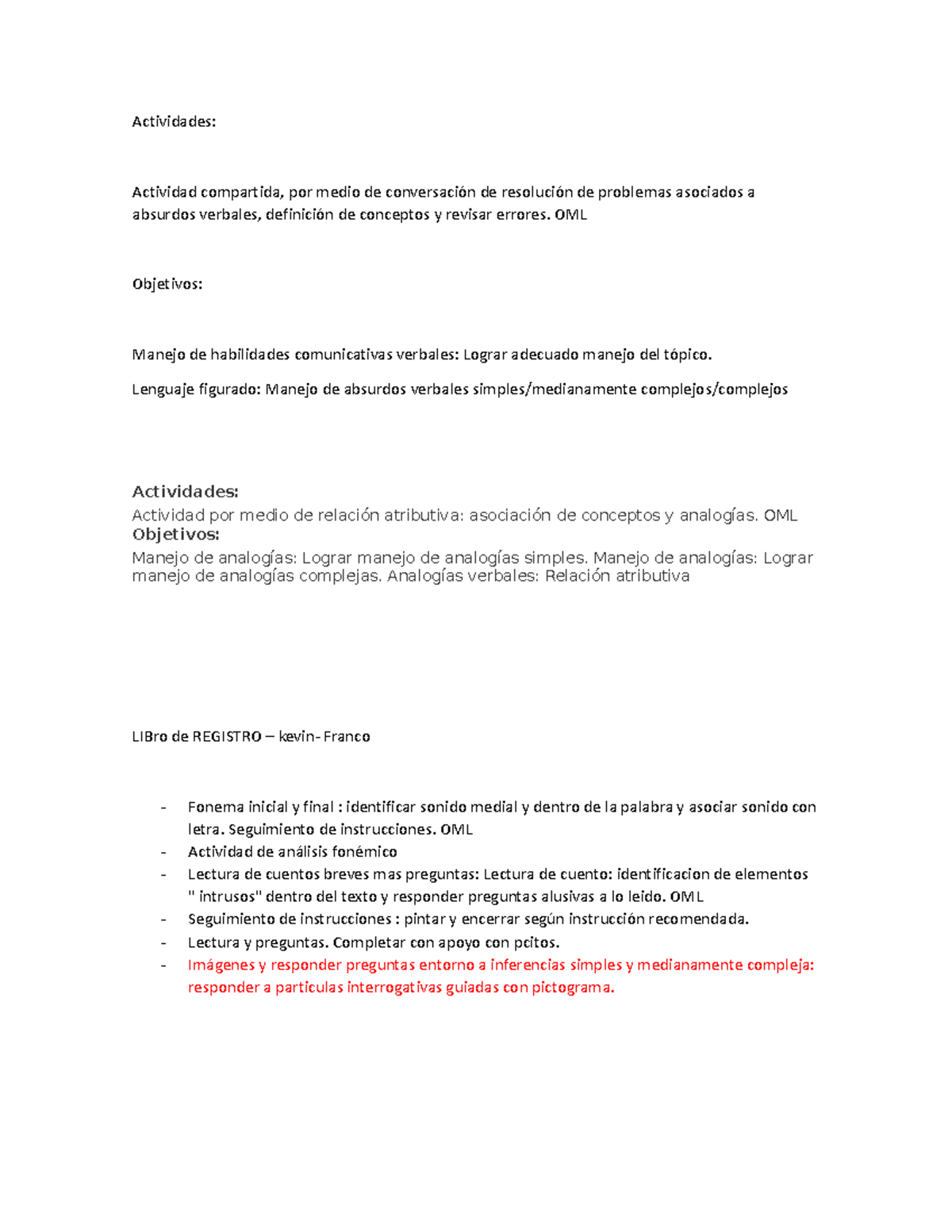 objetivos TEA 2023 - Actividades: Actividad compartida, por medio de conversación de resolución ...