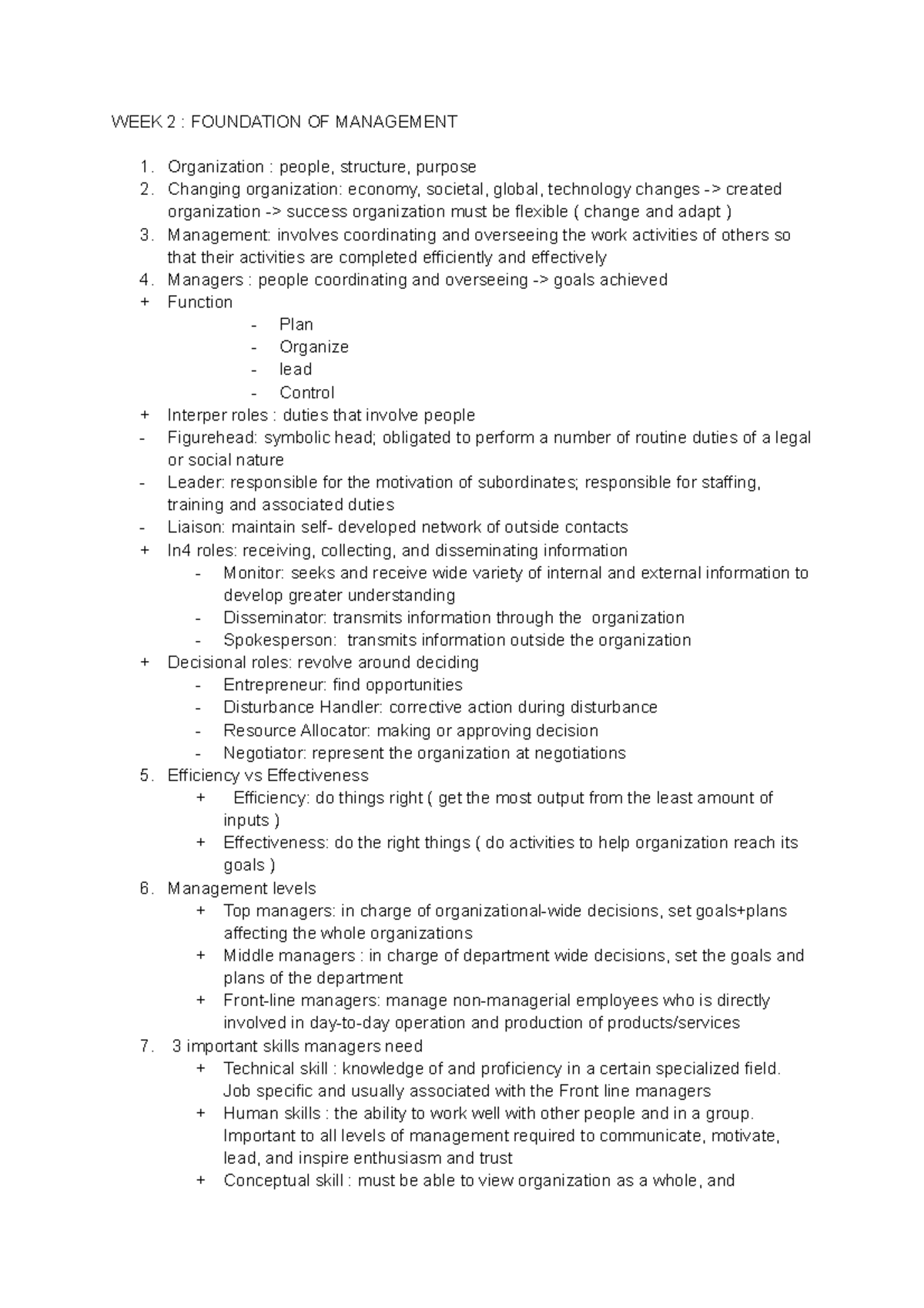 Intro TO Management- Lecture- Notes - WEEK 2 : FOUNDATION OF MANAGEMENT ...