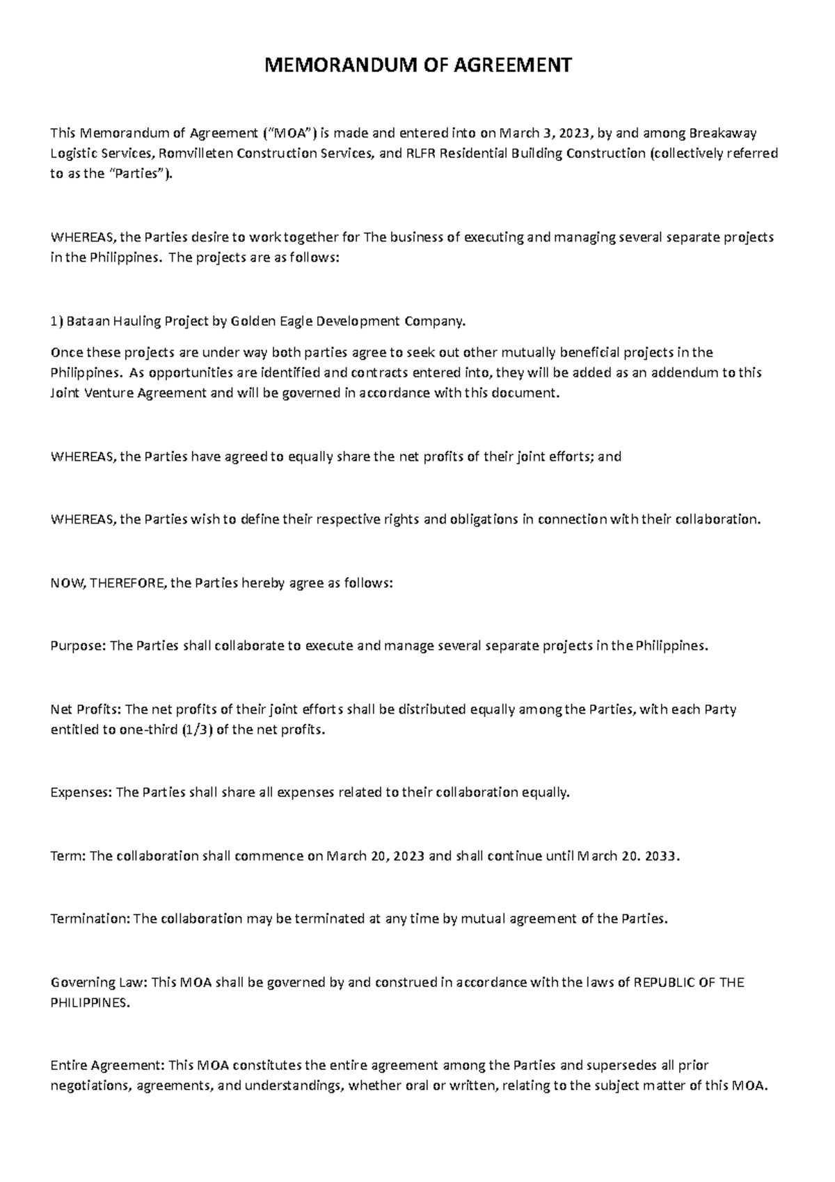 Memorandum OF Agreement - WHEREAS, the Parties desire to work together ...