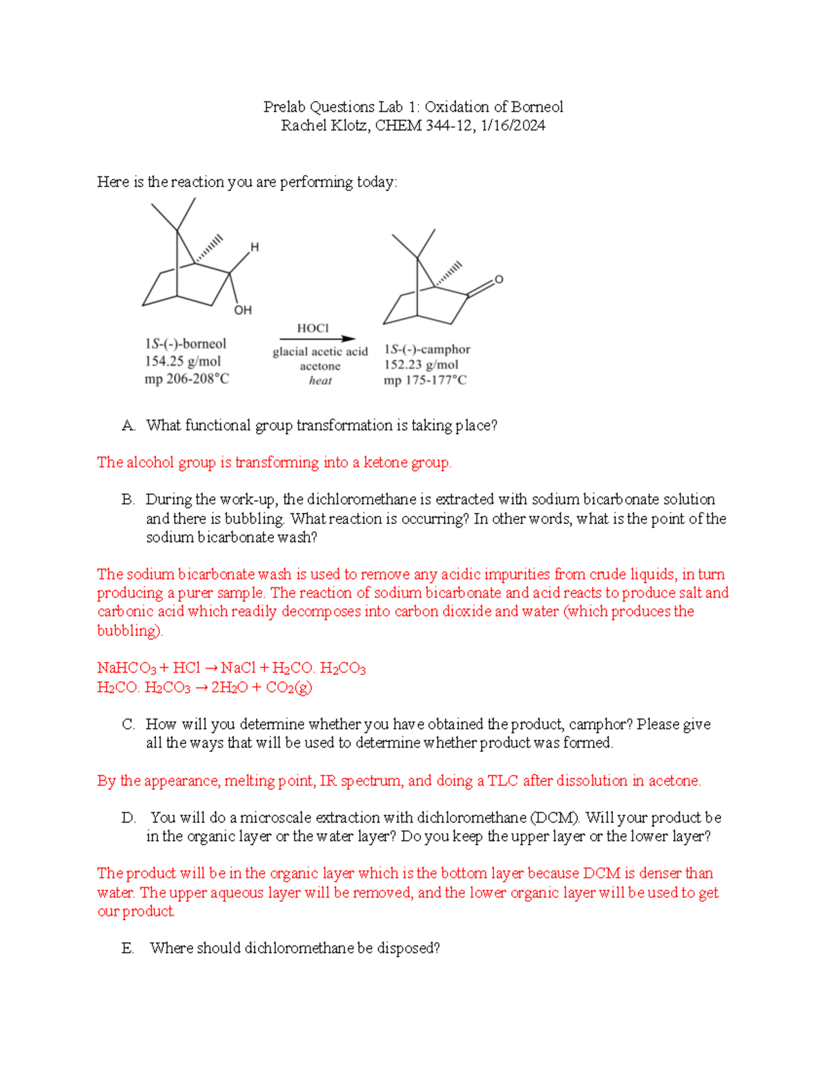 Prelab Questions Lab 1 - N/A - Prelab Questions Lab 1: Oxidation of Borneol Rachel Klotz, CHEM ...