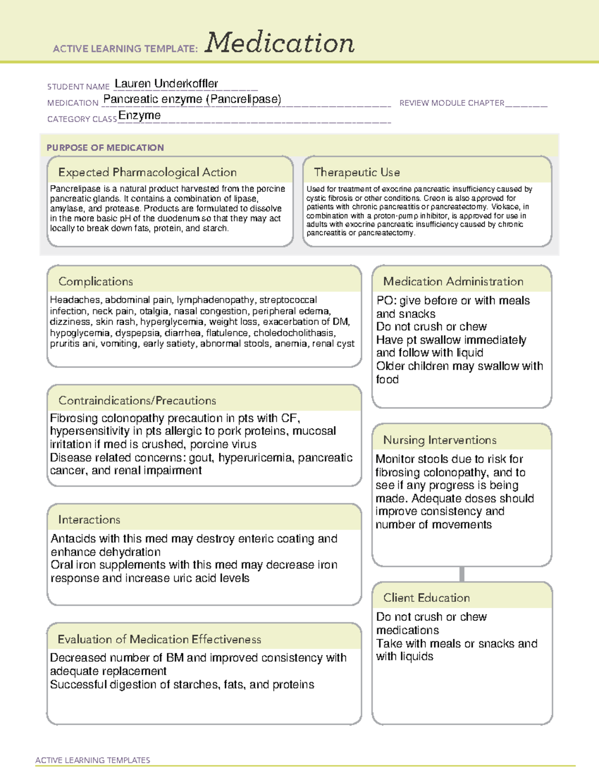 Panreatic enzyme - ACTIVE LEARNING TEMPLATES Medication STUDENT NAME ...