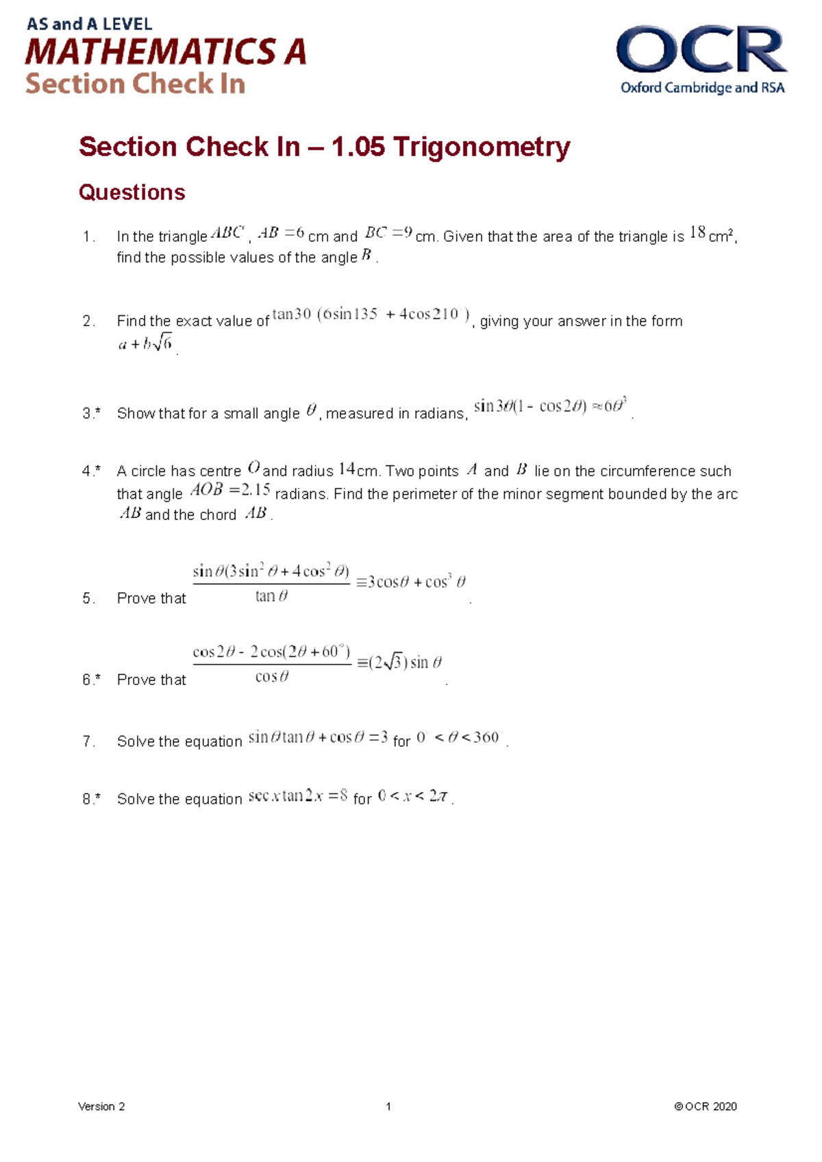 405821 section check in 1 - Section Check In – 1 Trigonometry Questions ...