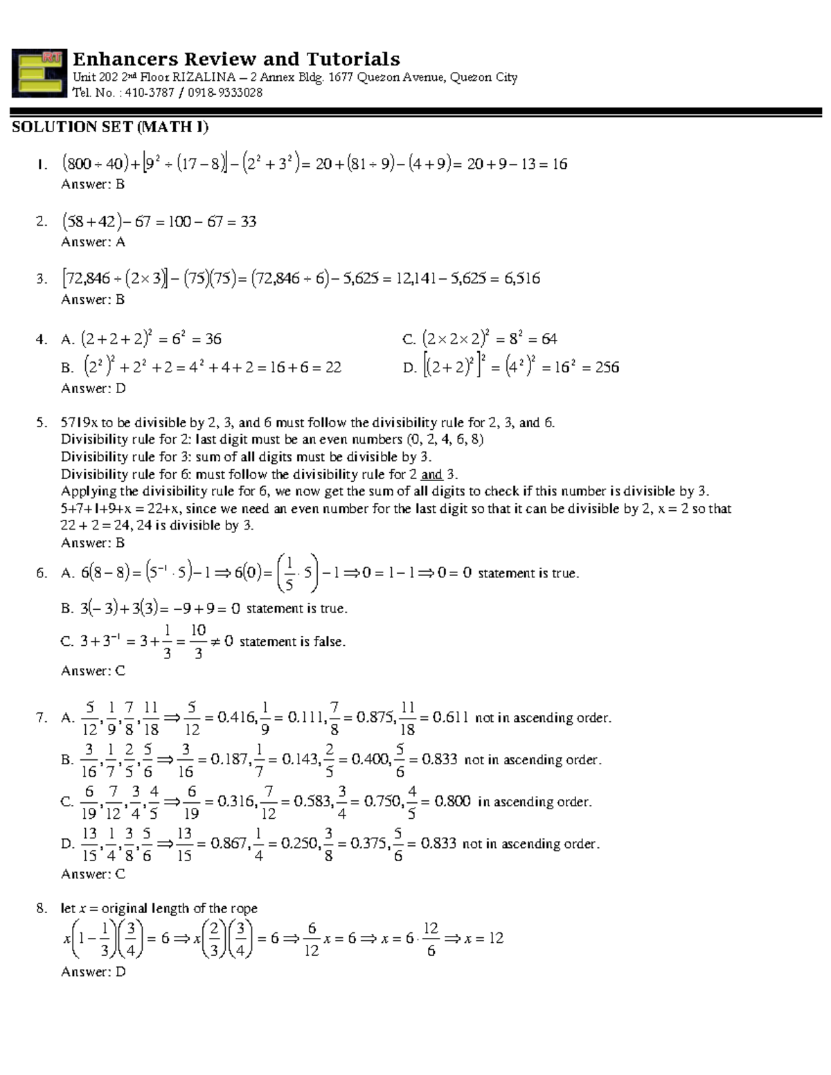 Basic Math Solution Set - Unit 202 2nd Floor RIZALINA – 2 Annex Bldg ...